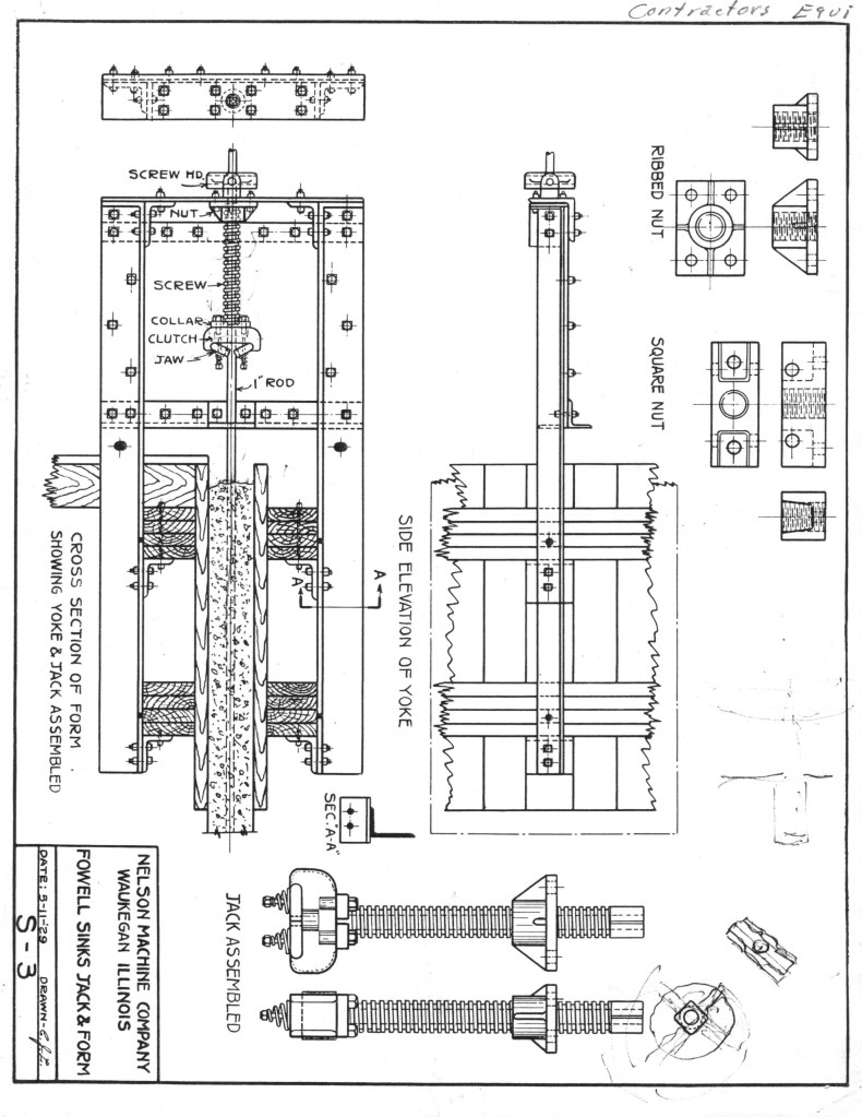 Basis of slip-forming: Screw jacks and yokes are depicted in these ...
